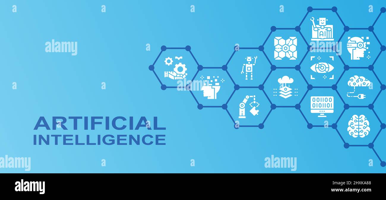 Artificial Intelligence promotion icons banner. Robotics, Chatbot, Database, Big Data ...