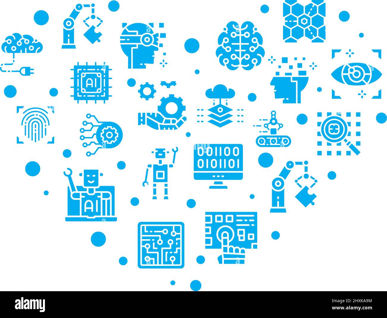 Artificial Intelligence colored icons set in a heart shape. Robotics, Chatbot, Database, Big ...