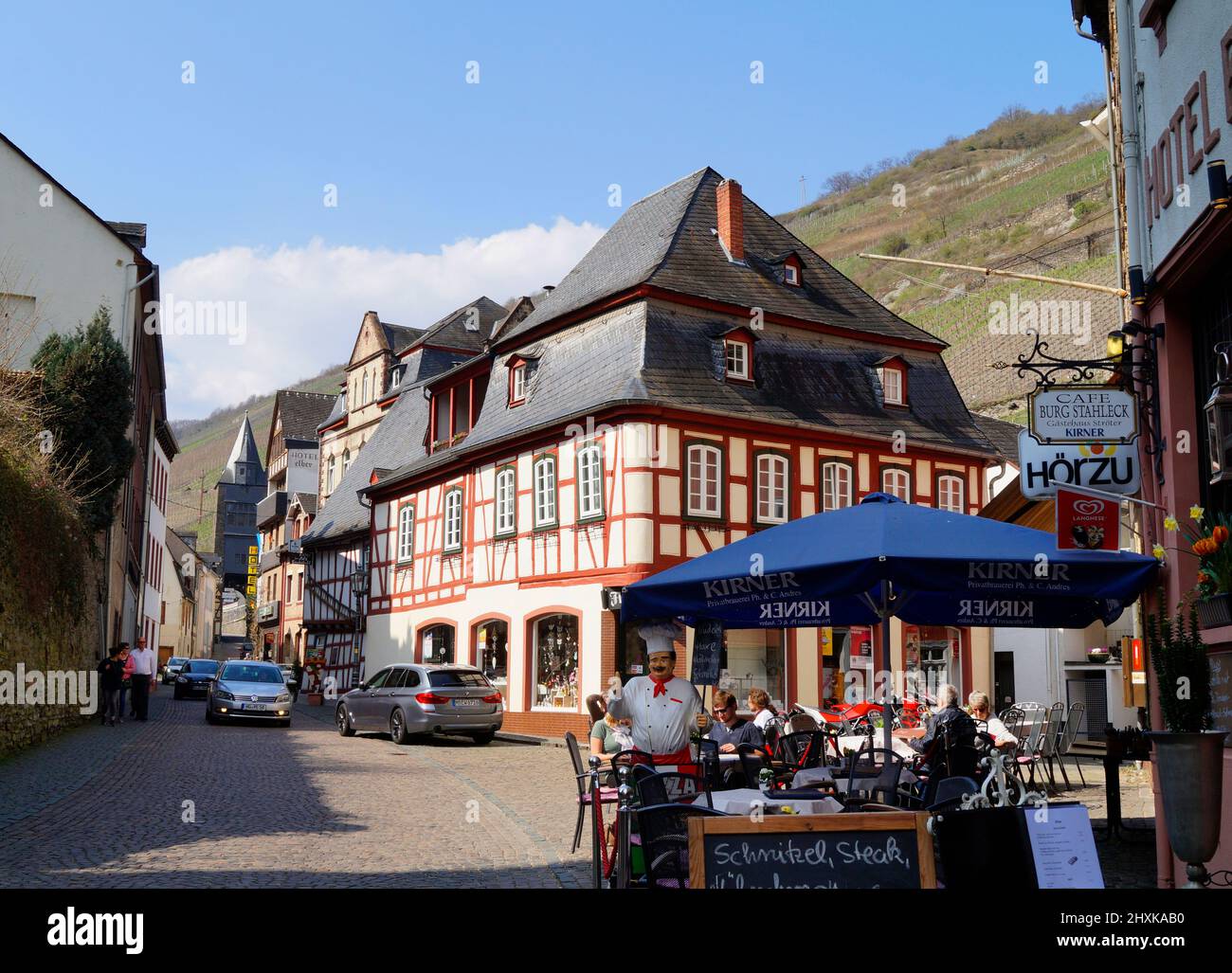 quaint timber-framed houses of town of Bacharach on Rhein or Rhine in ...