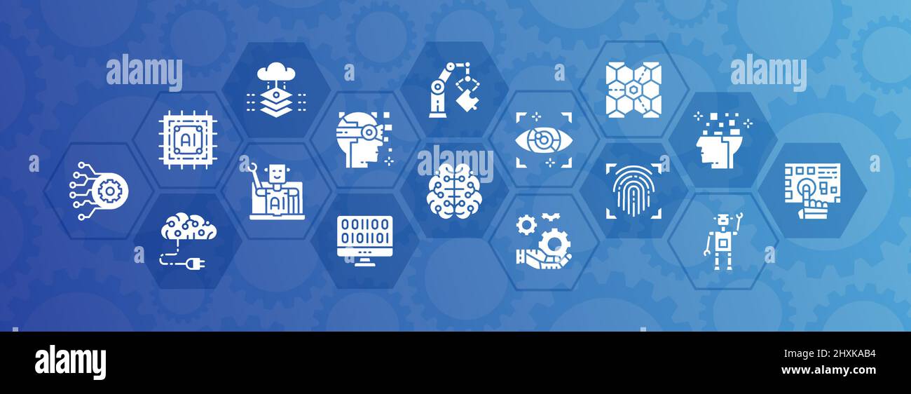 Artificial Intelligence promotion icons banner. Robotics, Chatbot, Database, Big Data vector ...
