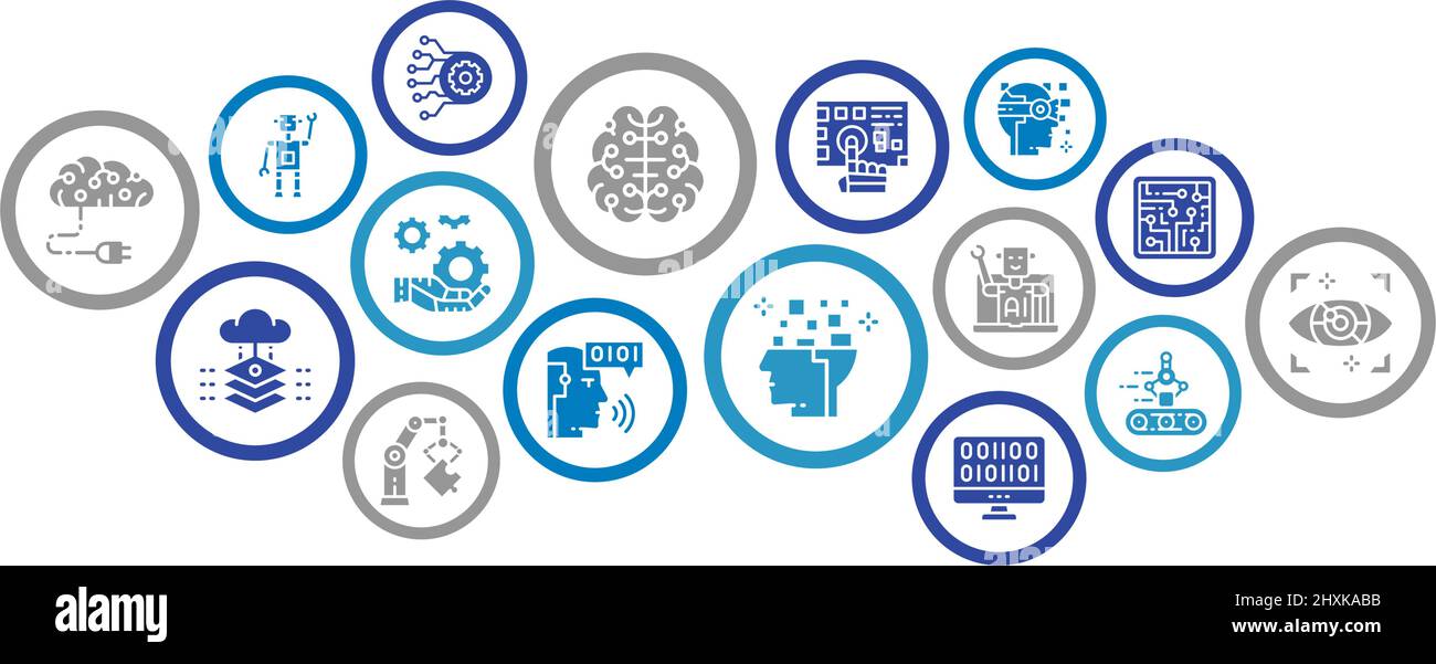 Artificial Intelligence business illustration. Robotics, Chatbot, Database, Big Data vector ...