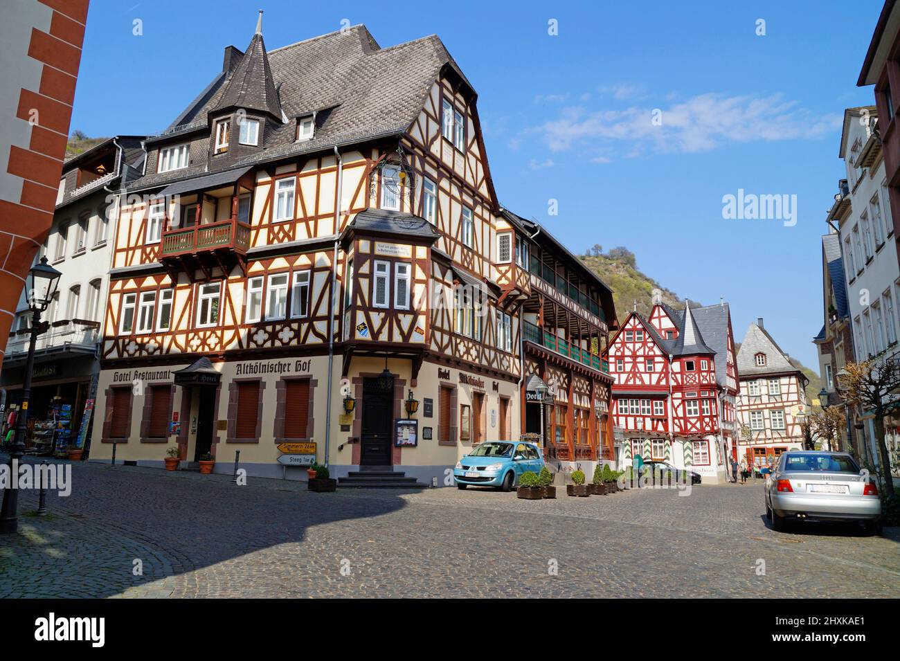 quaint timber-framed houses of town of Bacharach on Rhein or Rhine in ...