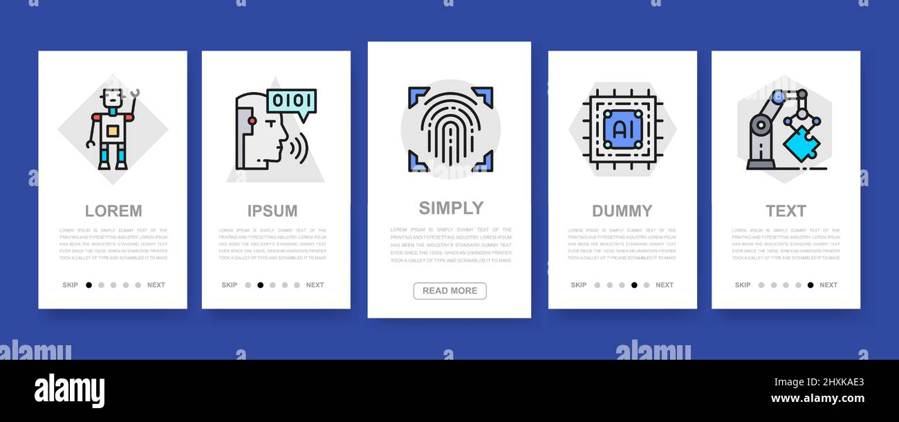 Set of Artificial Intelligence mobile app screens. Robotics, Chatbot, Database, Big Data ...