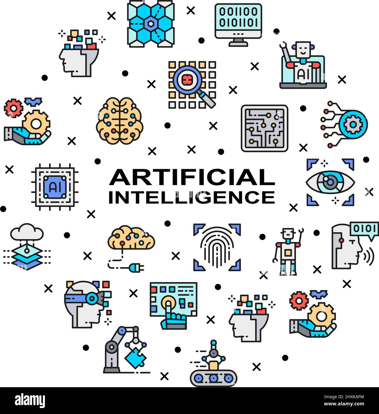 Artificial Intelligence circle promotion icon banner. Robotics, Chatbot, Database, Big Data ...