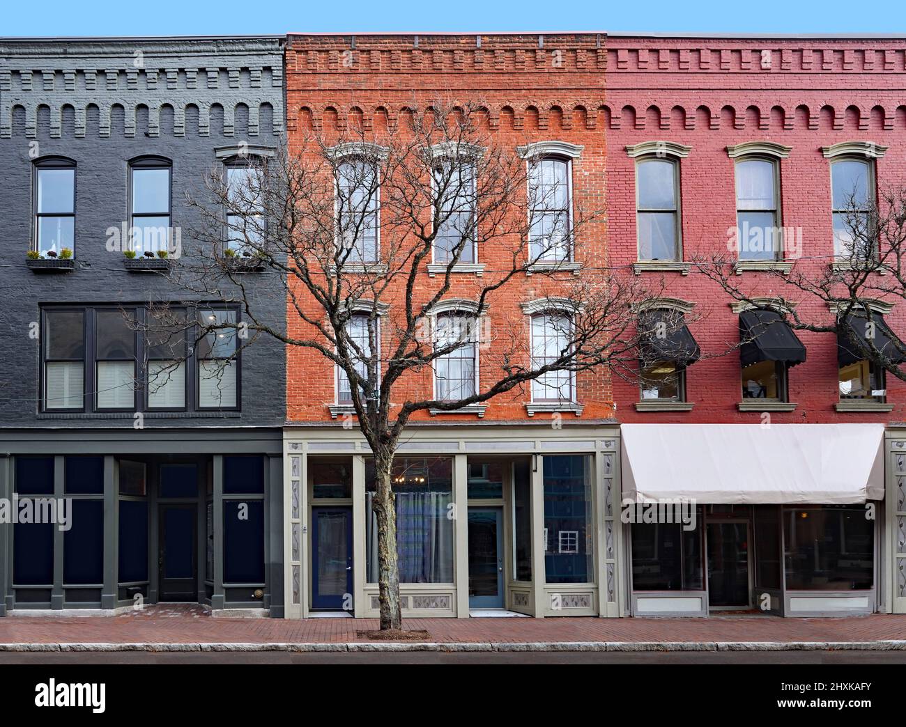 Old fashioned American main street brick building with apartments ...