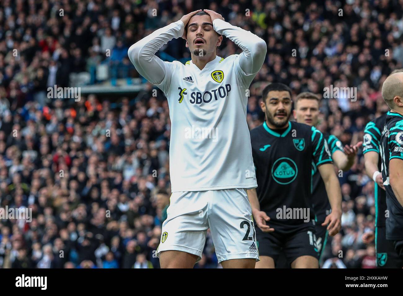Pascal Struijk #21 of Leeds United reacts after missing a good headed ...