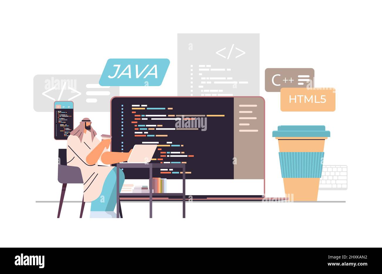 Arab Web Developer Creating Program Code On Laptop Screen Development Of Software And
