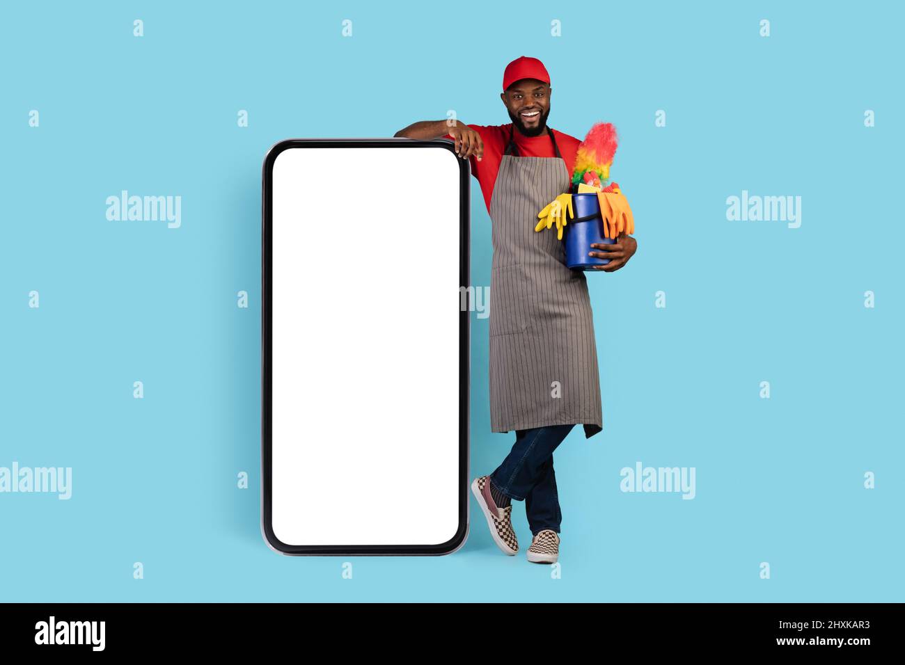 Cleaning Advertisement. African American Cleaner Man Standing Next To ...