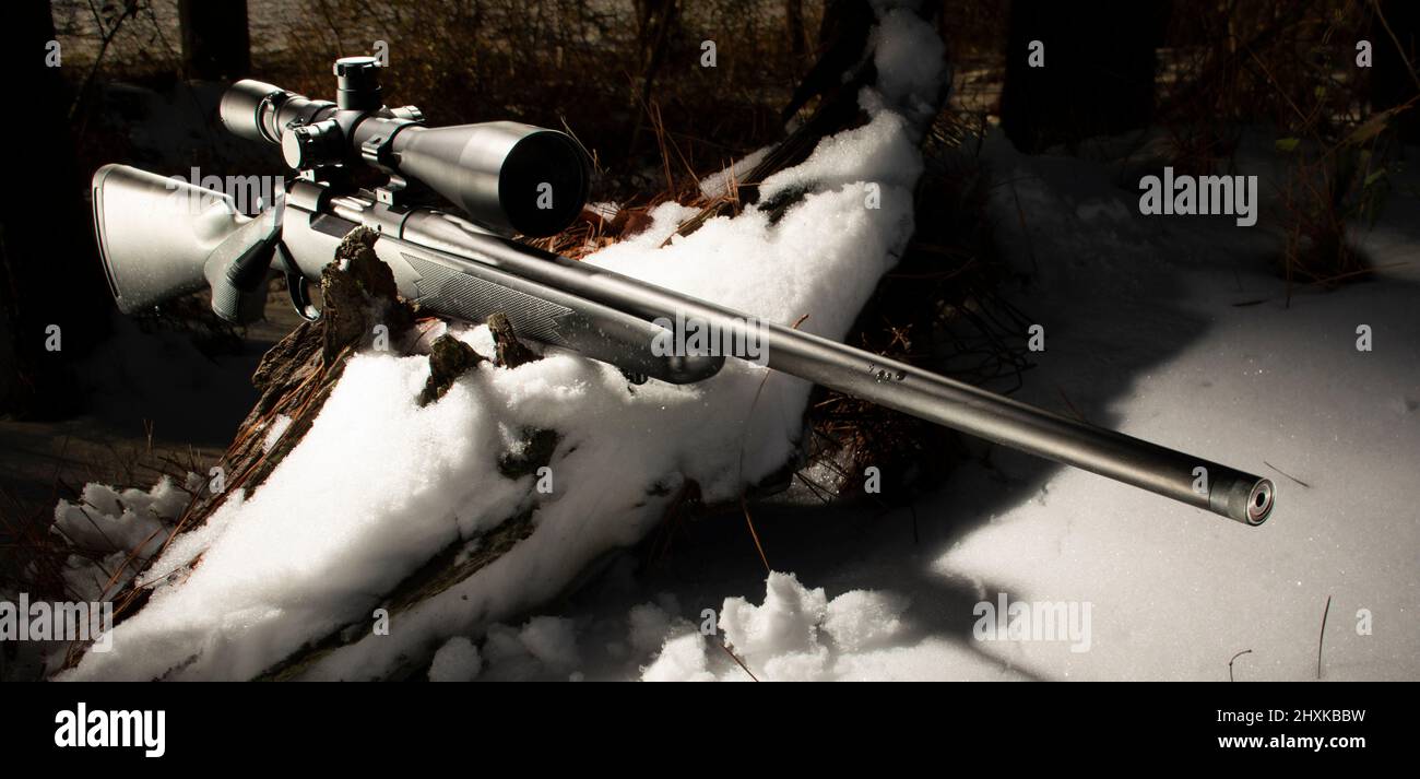 rifle scope on a bolt action rifle on a snowy log in the trees Stock ...