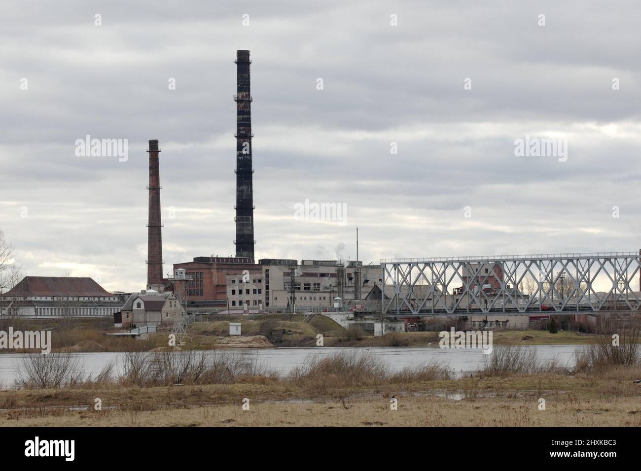 Kaliningrad viewed from Lithuanian border. Railway bridge at Panemune ...