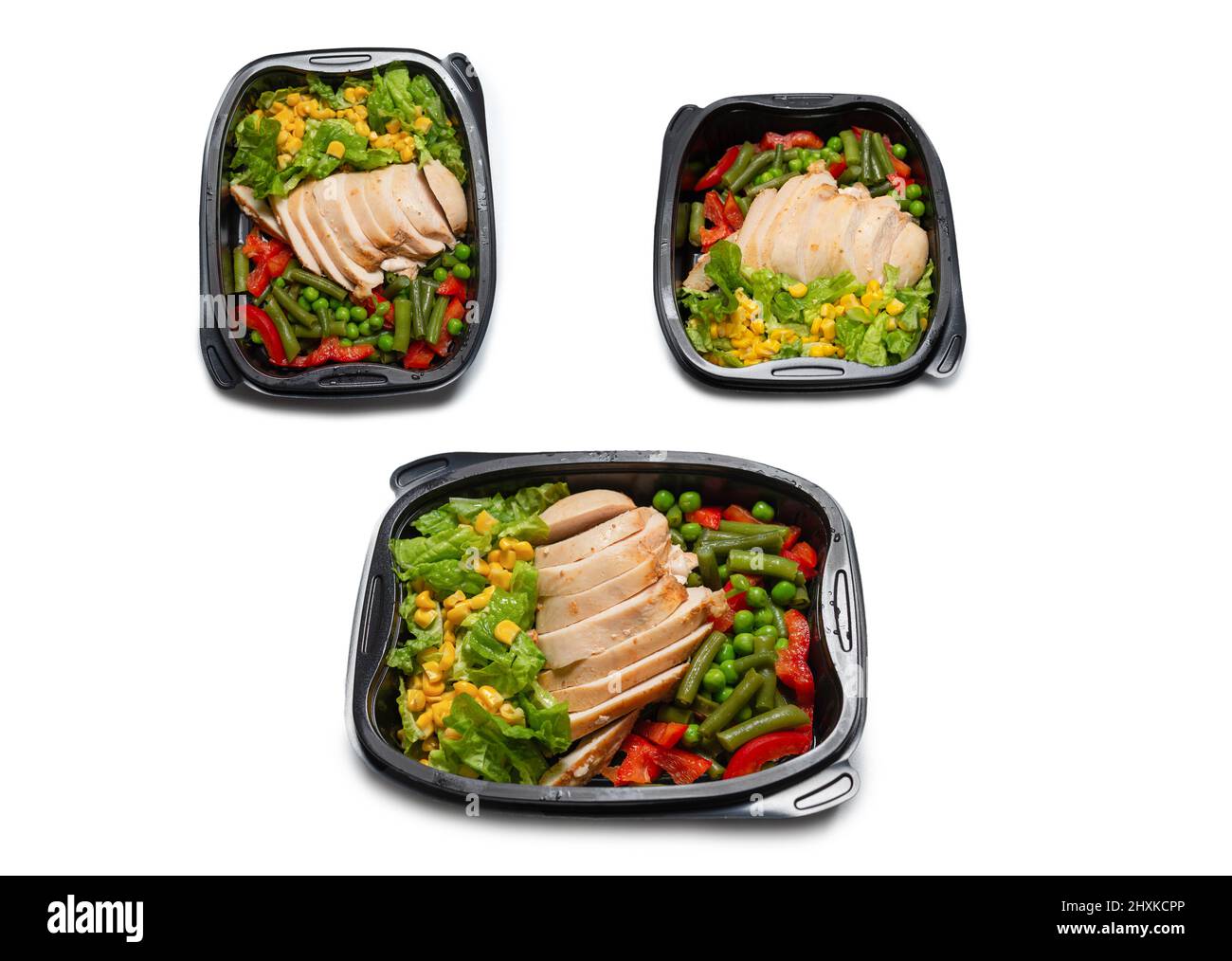 Ready food in a container. Stewed chicken, stewed vegetables. Isolated ...