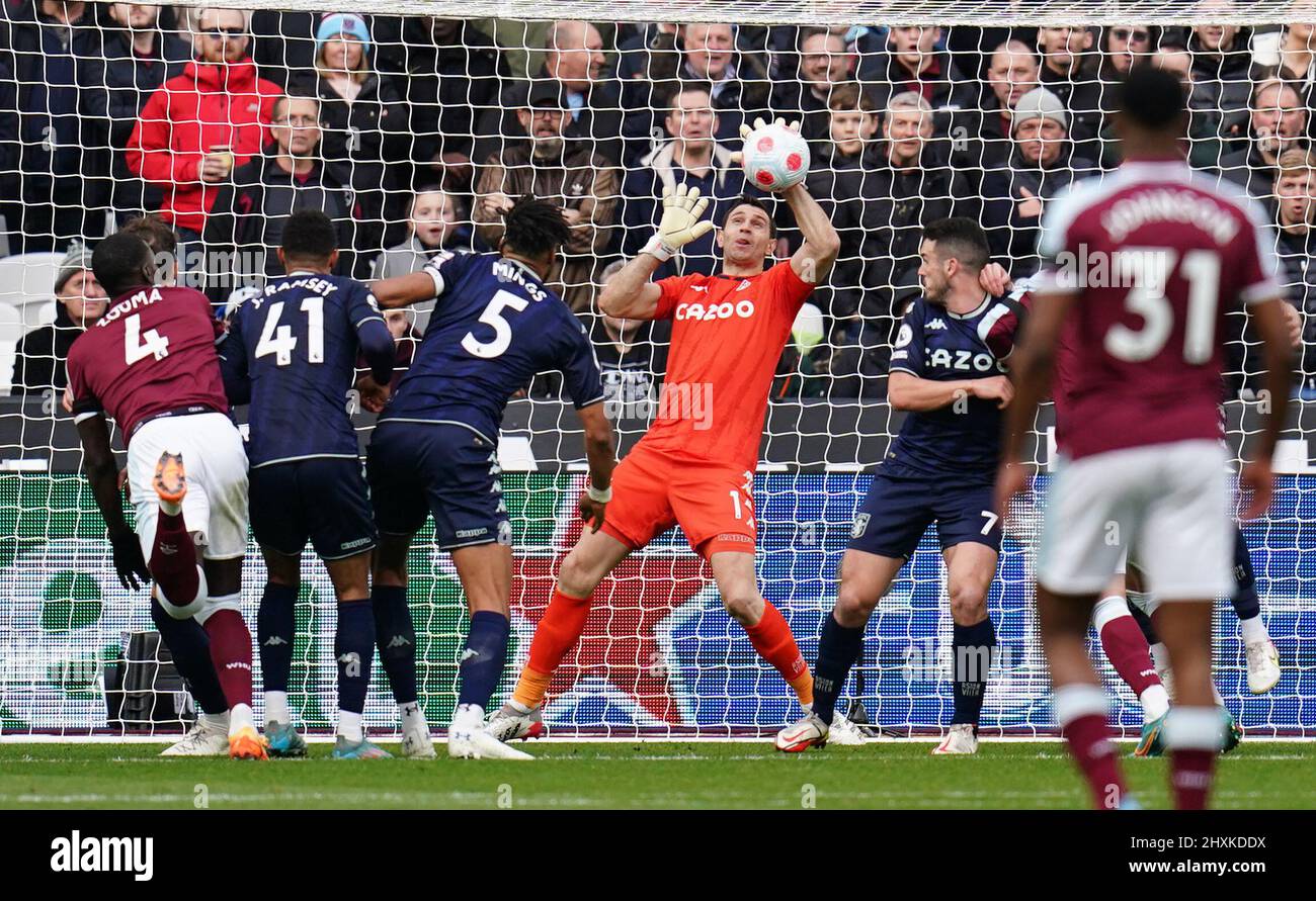 Aston Villa goalkeeper Emiliano Martinez makes a save during the ...