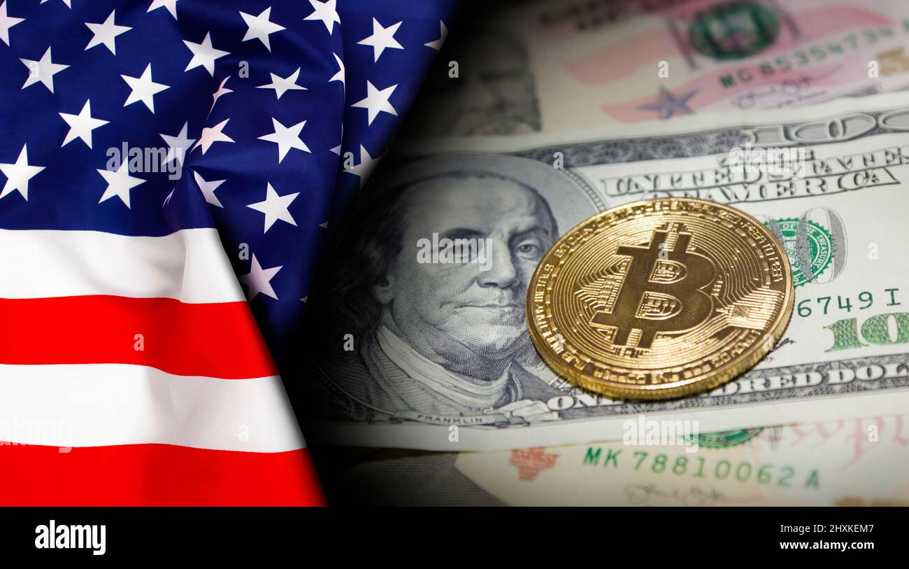 American flag on a Golden bitcoin coin on us dollars background for ...
