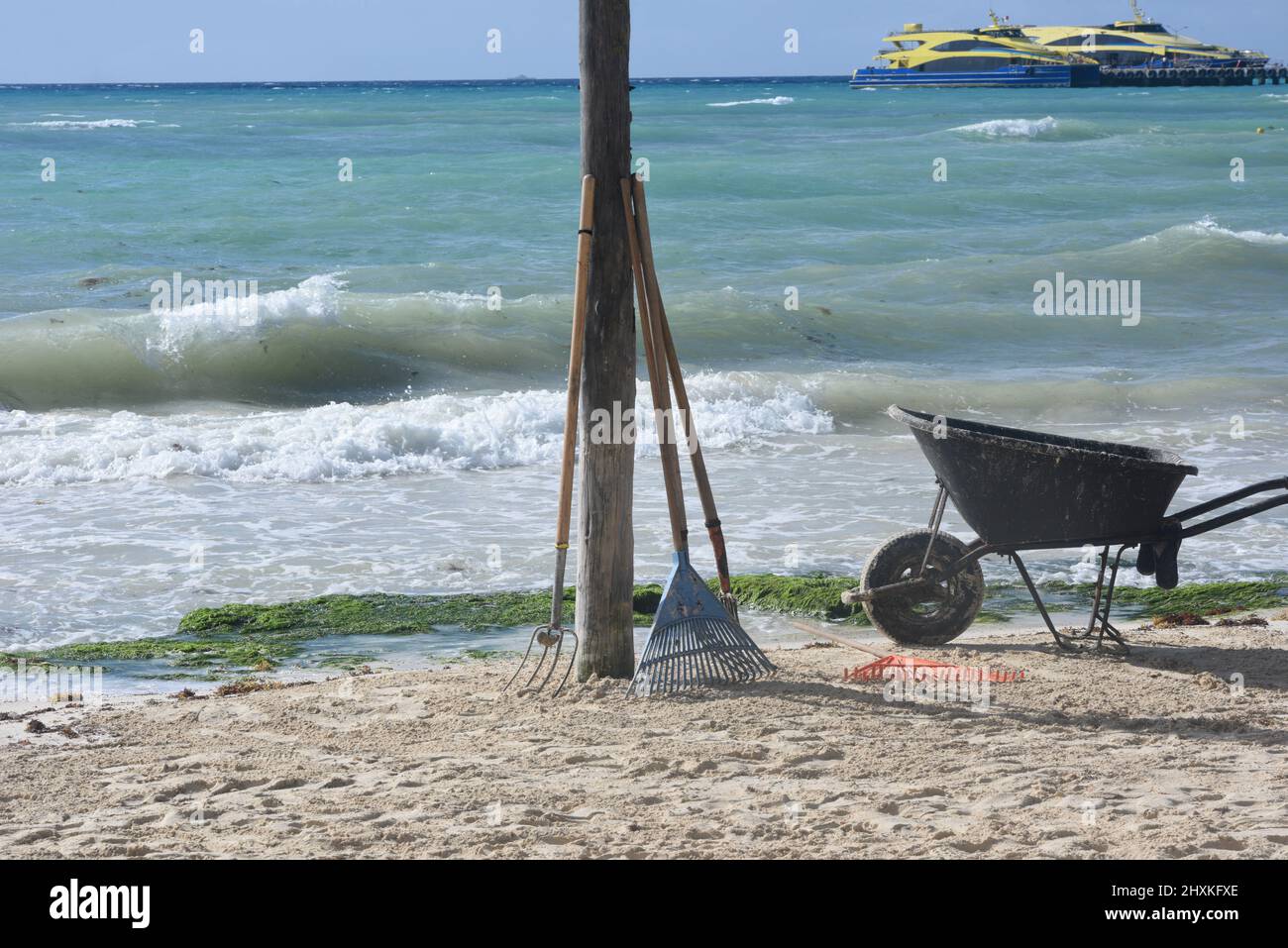 Equipment, wheelbarrow, and rakes used to clean a tropical public beach ...