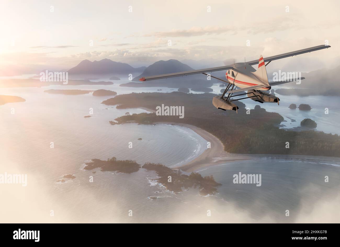 Seaplane Flying over the West Coast Pacific Ocean at sunset Stock Photo ...