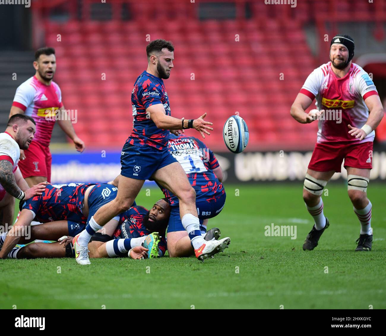 Max Green of Rugby Bristol Bears, clears his defensive line Stock Photo ...