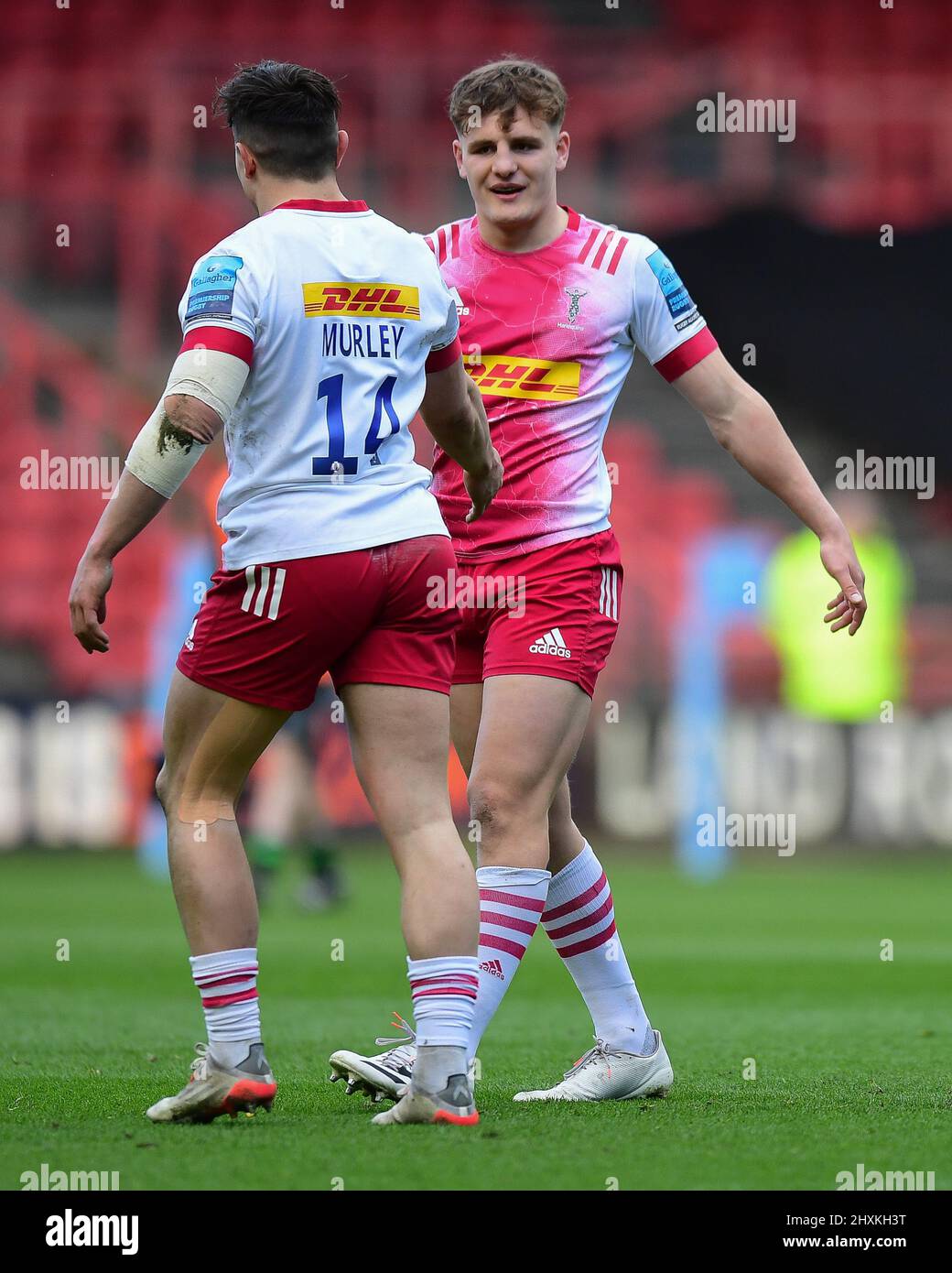 Cadan Murley of Harlequins Rugby, celebrates his second try in Bristol ...