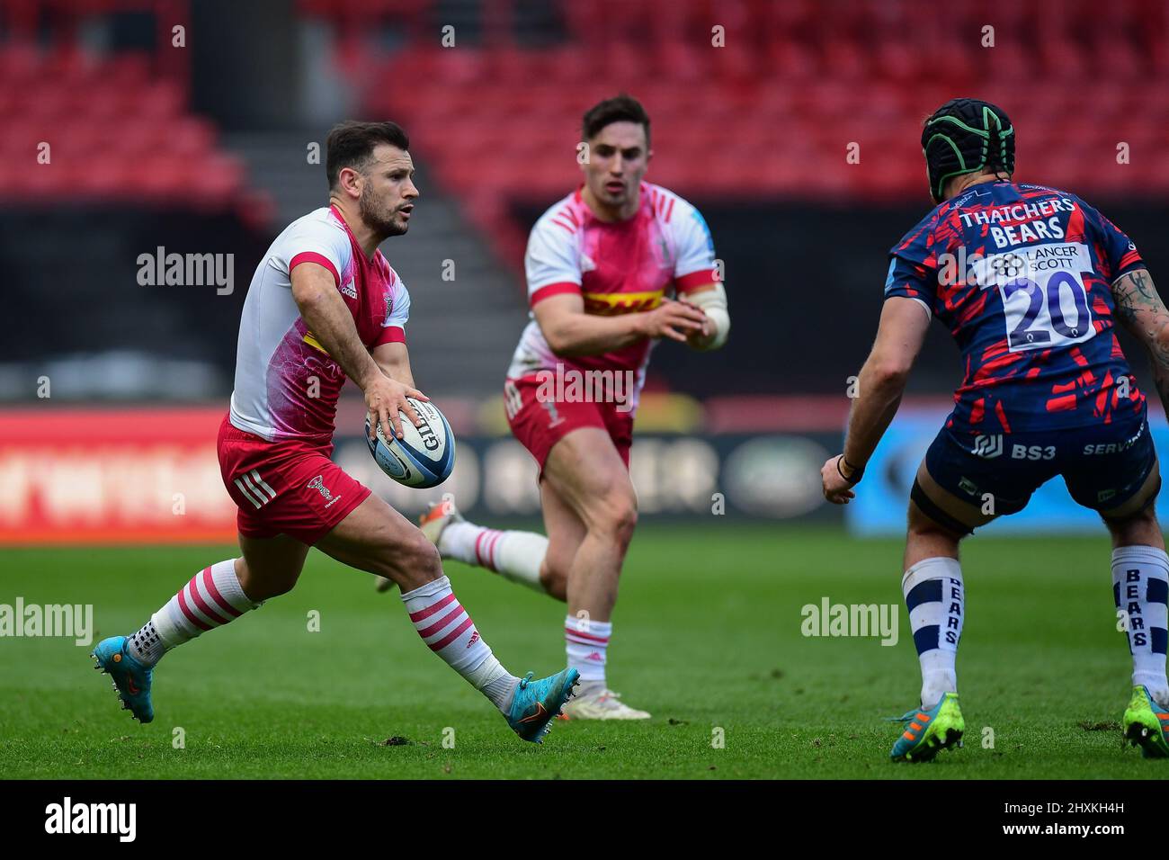 Danny Care of Harlequins Rugby, takes on Jake Heenan of Rugby Bristol ...