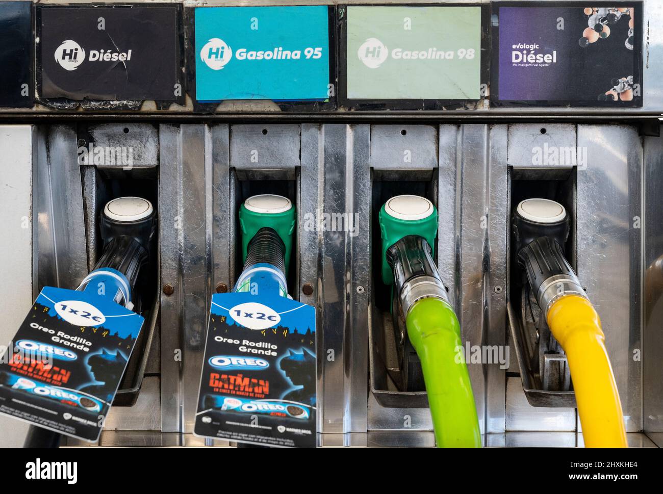 Fuel pumps for diesel and gasoline are ready to be used at a gas ...