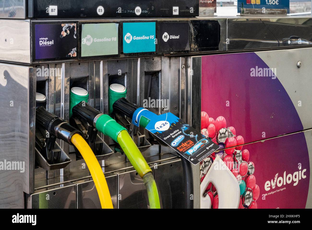 Fuel pumps for diesel and gasoline are ready to be used at a gas ...