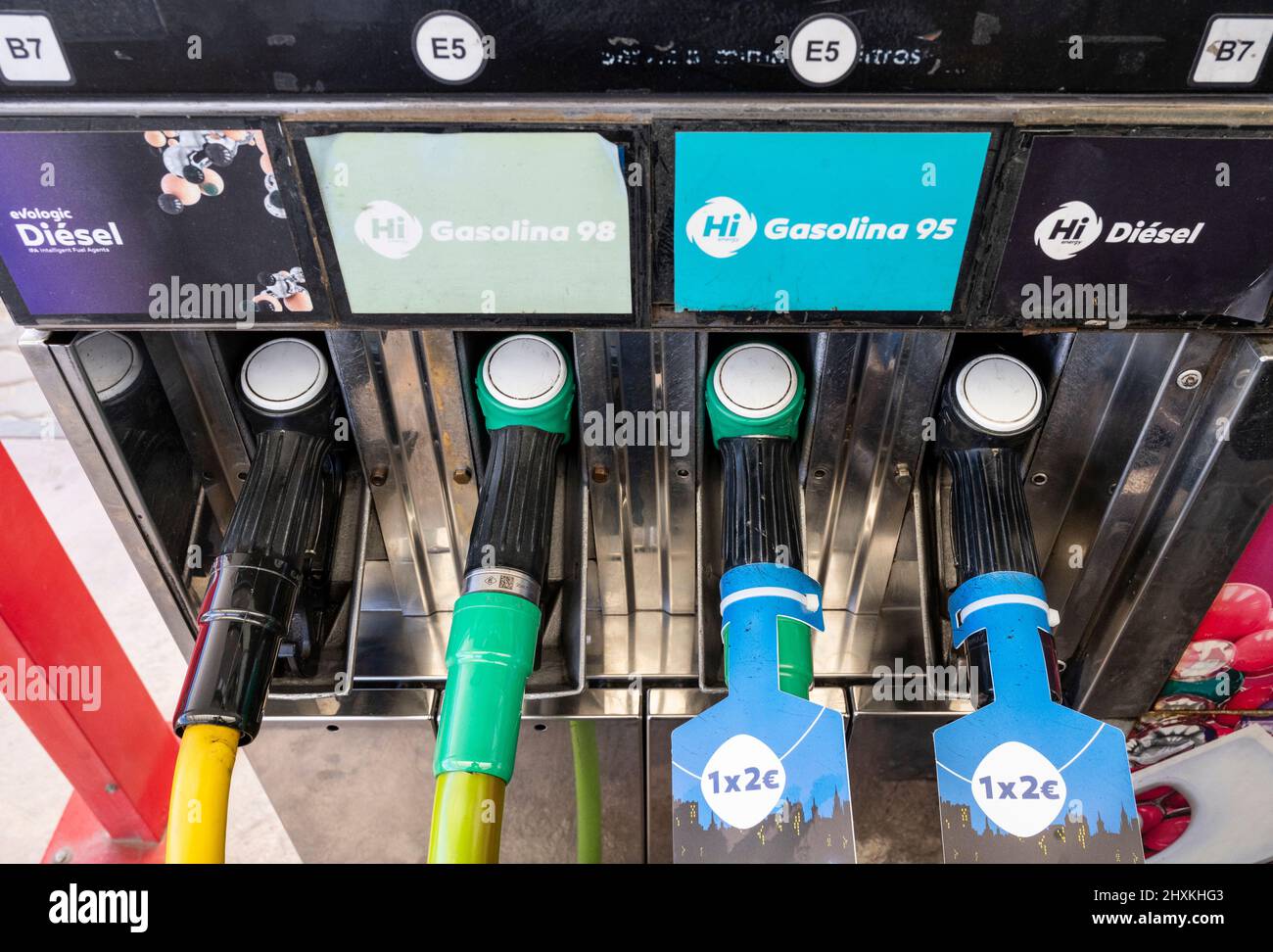 Fuel pumps for diesel and gasoline are ready to be used at a gas ...