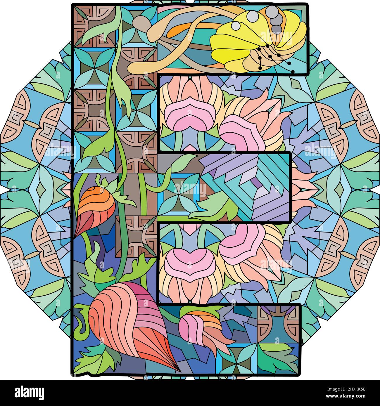 Zentangle stylized alphabet - letter E on mandala. Vector illustration ...