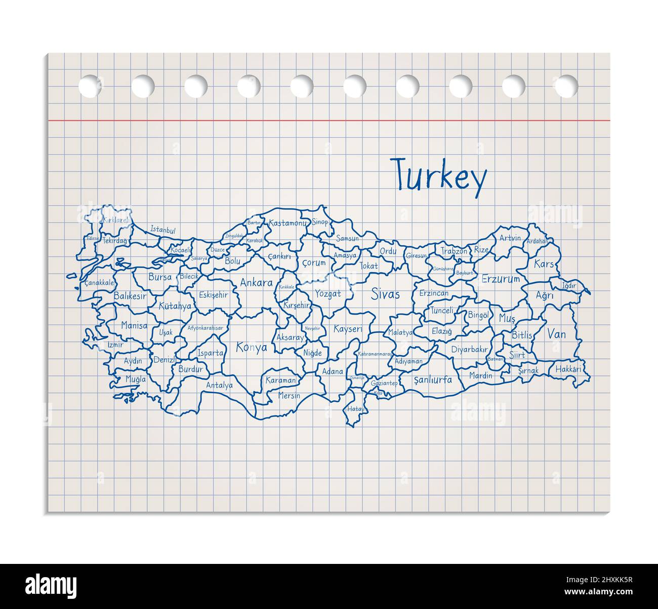 Turkey map on a realistic squared sheet of paper torn from a block ...