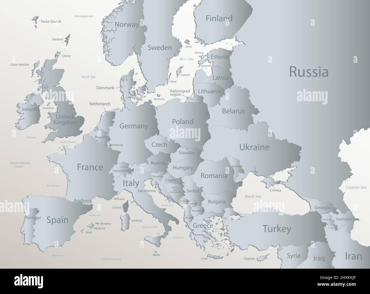Europe with parts of Asia, detailed map, individual states and islands ...