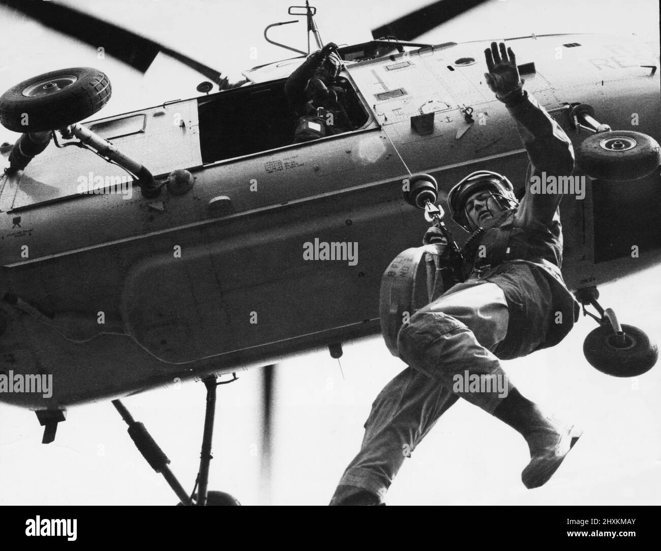 Winchman Flight Sergeant Tony Rodmell being lifted into a RAF Westland ...