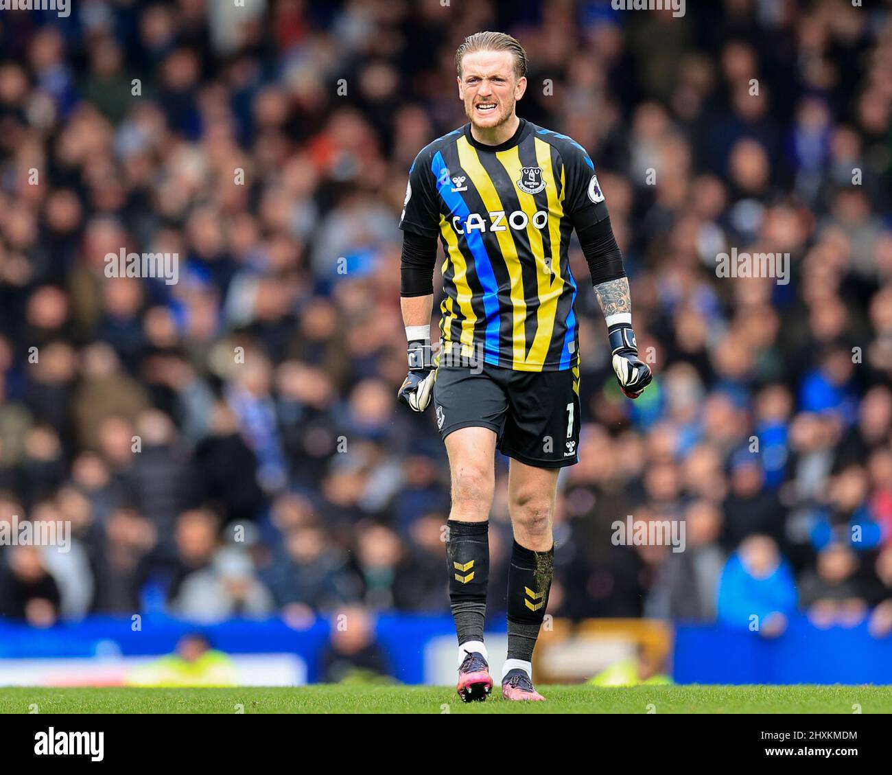 Jordan Pickford #1 of Everton is not pleased with how things are going ...