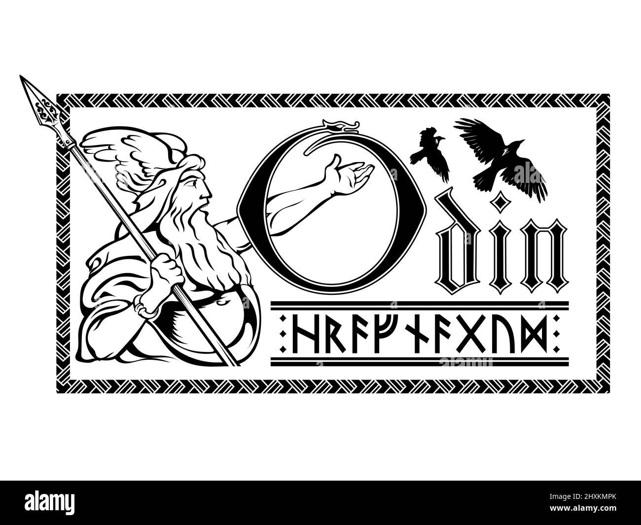 Design in Old Norse style. Ancient Norse God Wotan and Two Ravens ...