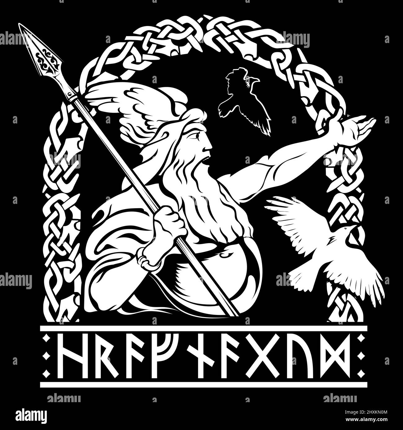Design in Old Norse style. Ancient Norse God Wotan and Two Ravens ...