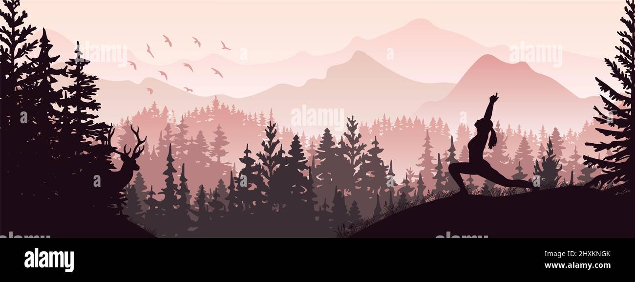 Horizontal banner. Silhouette of girl practicing yoga on meadow in ...