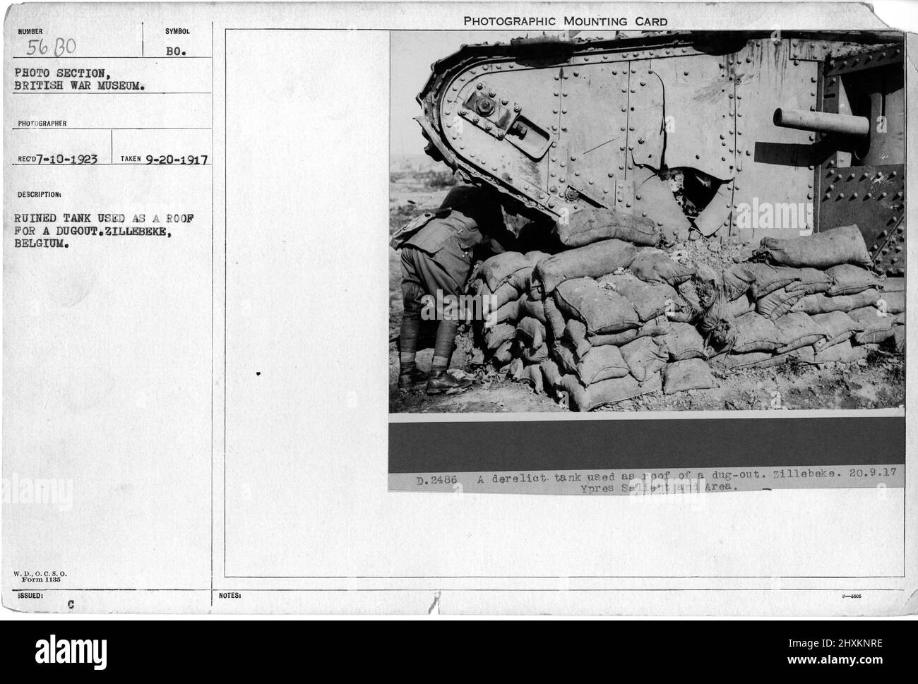 Ruined tank used as a roof for a dugout. Zillebeke, Belgium. Collection ...