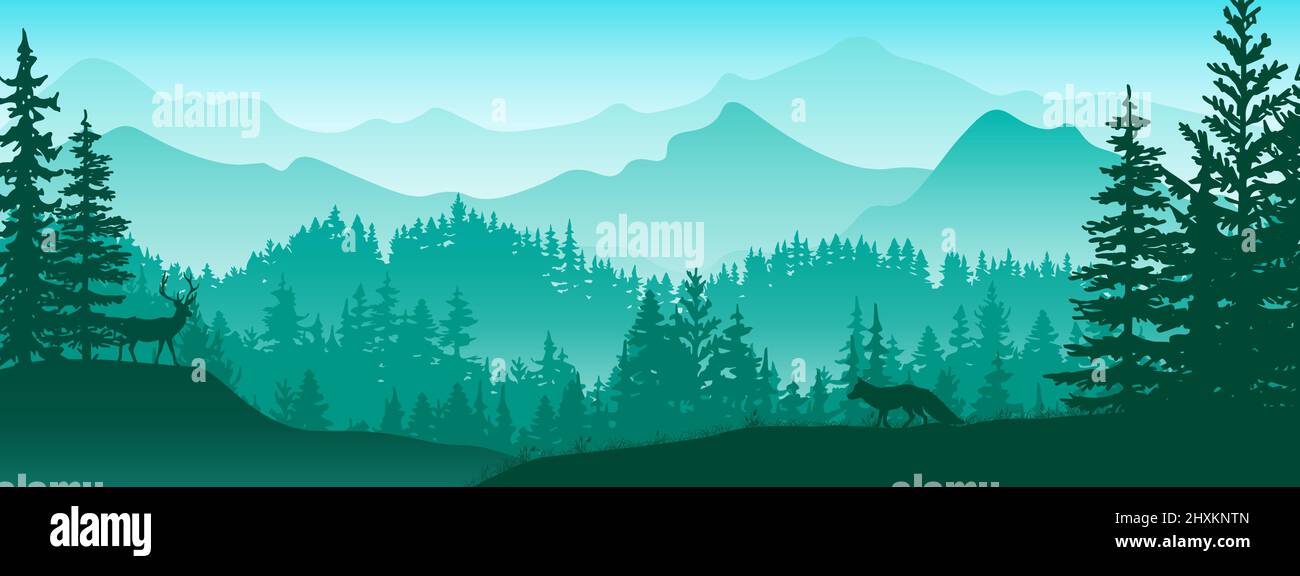 Horizontal banner. Silhouette of fox standing on grass hill. Deer ...