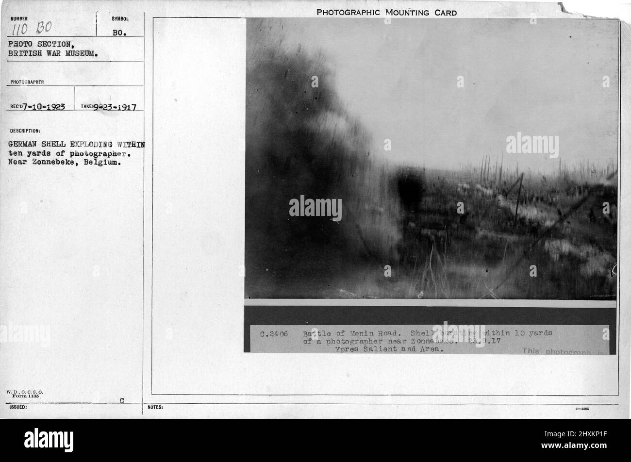 German shell exploding within ten yards of photographer. Near Zennebeke ...