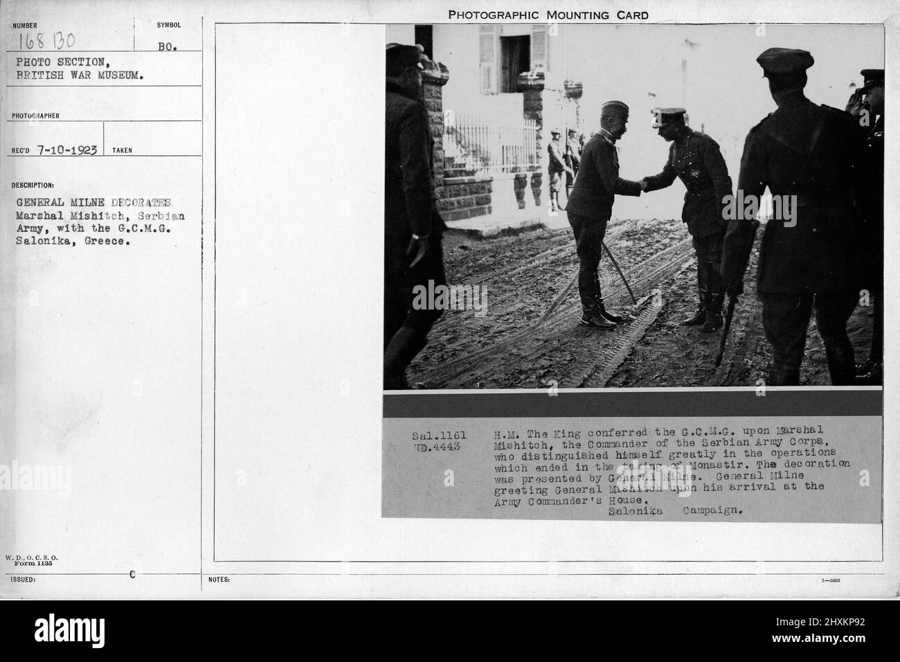 General Milne decorates Marshal Mishitch, Serbian Army, with the G.C.M ...