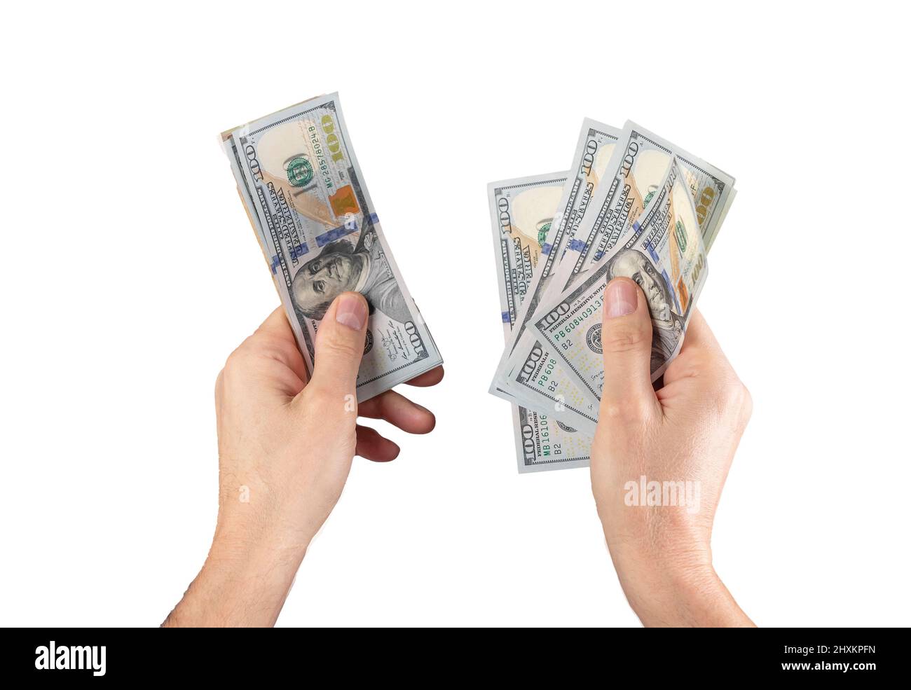 Hands counting American money dollar bills isolated on white background ...