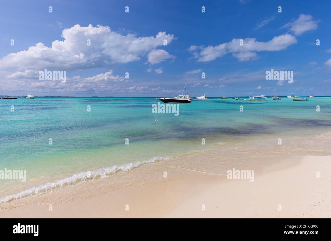 Mexico, Cancun, Isla Mujeres, Playa Norte beach with palms trees and ...