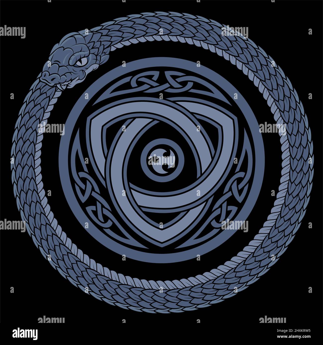 Vintage style design. A coiled Ouroboros snake biting its own tail and ...