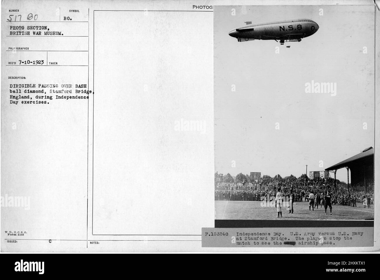 Dirigible passing over baseball diamond, Stamford Bridge, England ...