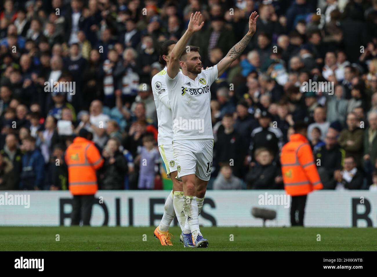 Stuart Dallas #15 of Leeds United waves to the Leeds United supporters ...