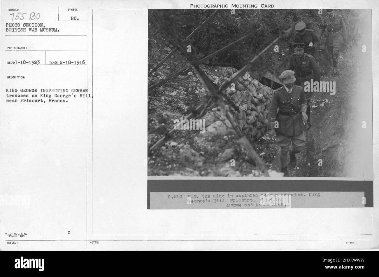 King George inspecting German trenches on King George's Hill, near ...