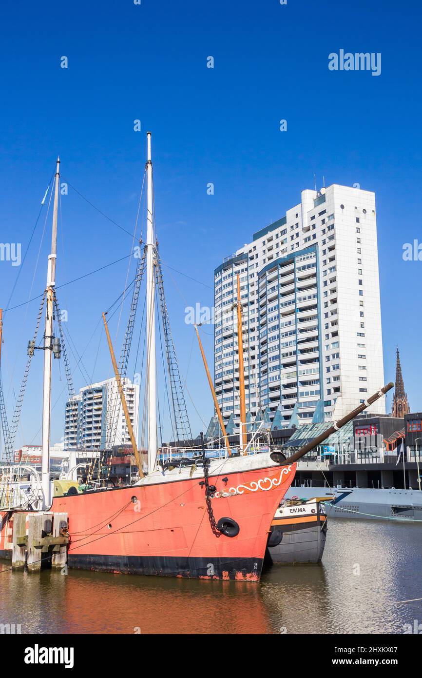 Historic ships and modern architecture in Bremerhaven, Germany Stock ...
