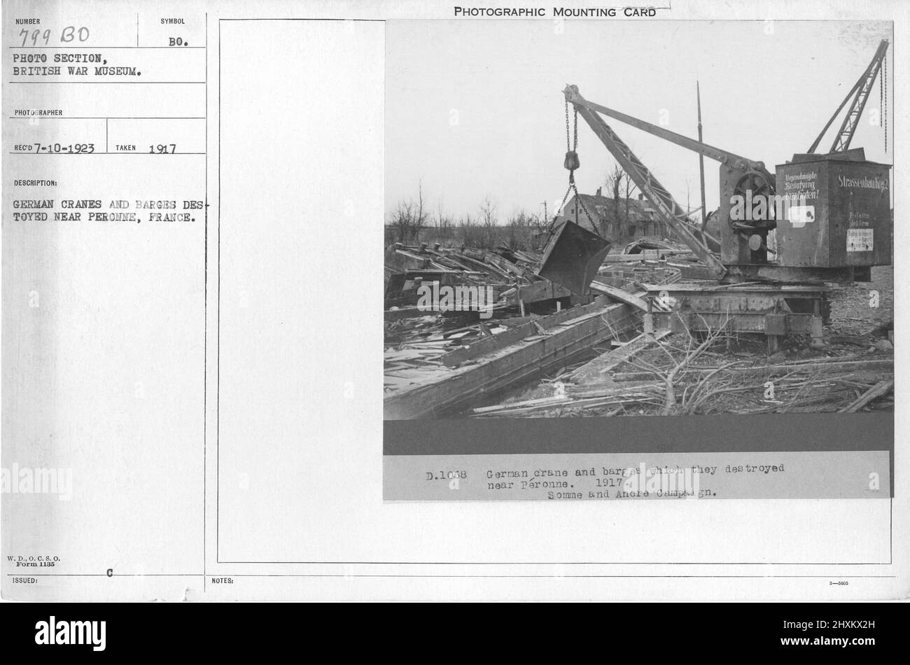 German cranes and Barges destroyed near Peronne, France. 1917 ...