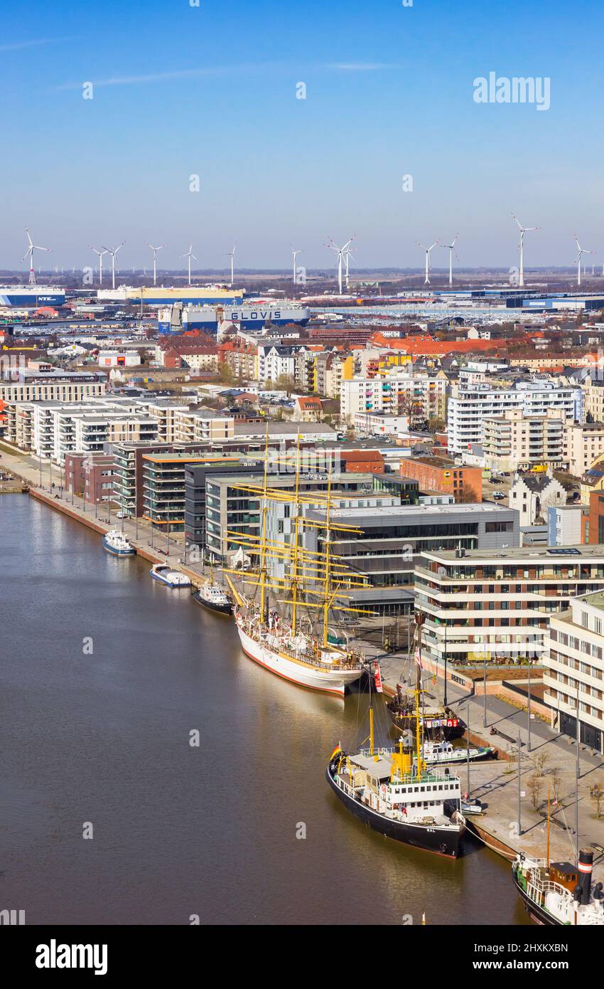 Aerial view of historic ships in the new harbor of Bremerhaven, Germany ...