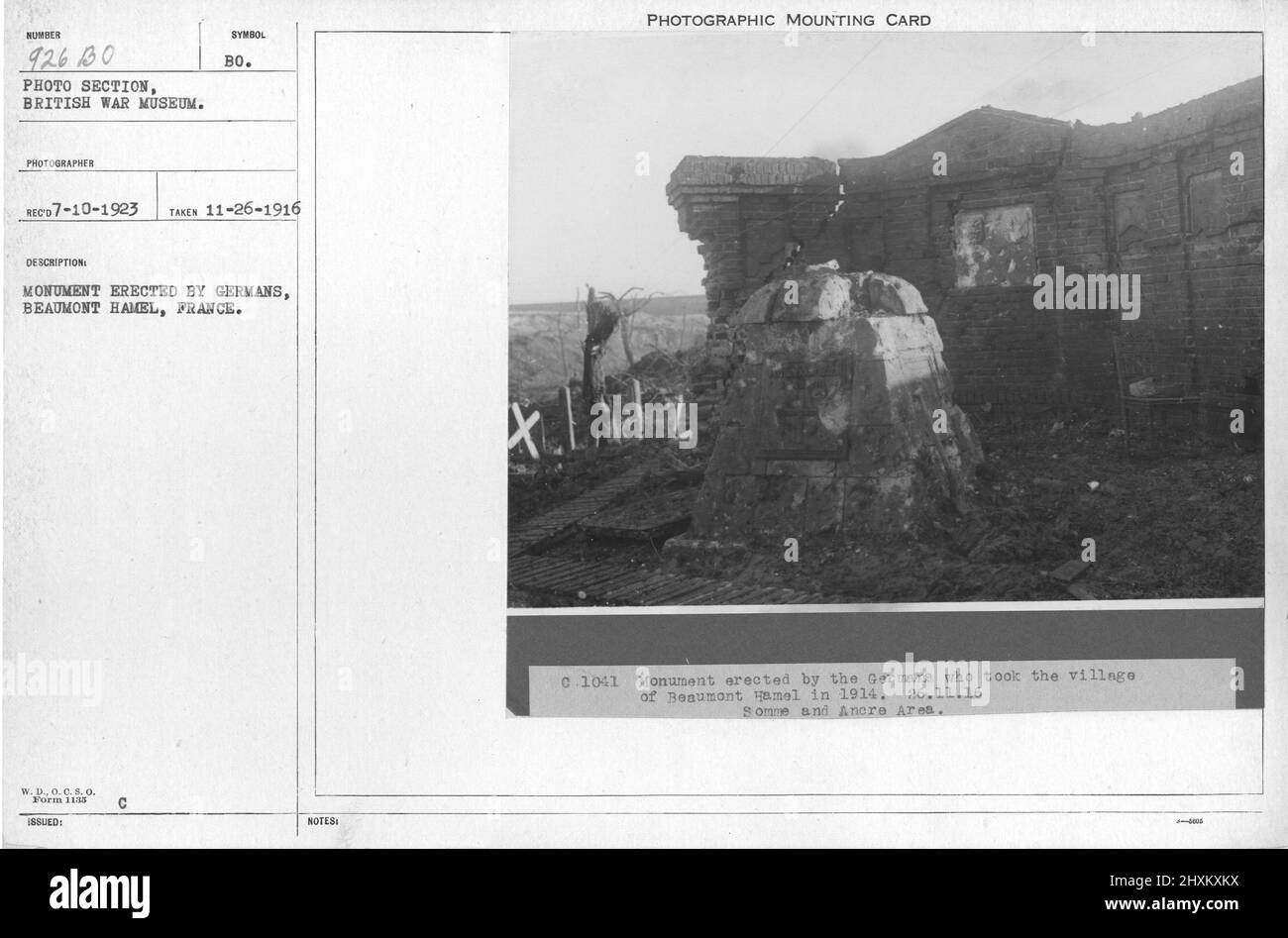 Monument erected by Germans, Beaumont Hamel, France. 11-26-1916 ...