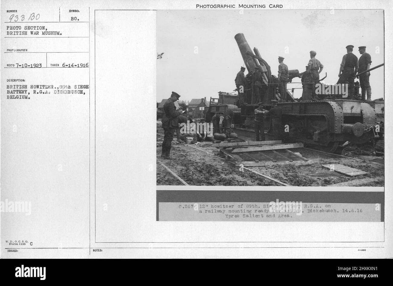 British Howitzer., 89th Siege Battery, R.G.A. Dickebusch, Belgium. 6-14 ...