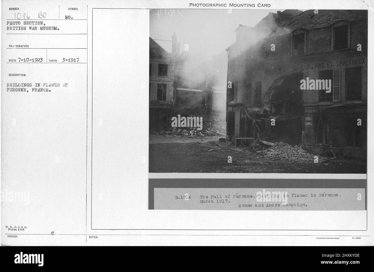Building in flames at Peronne, France. Collection of World War I ...