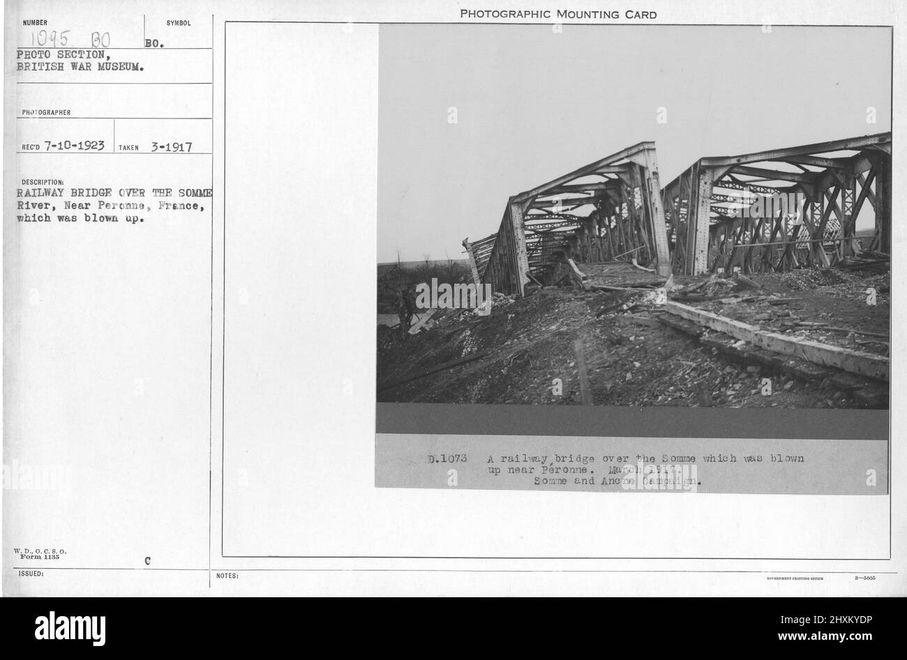 Railway bridge over the Somme River, near Peronne, France, which was ...